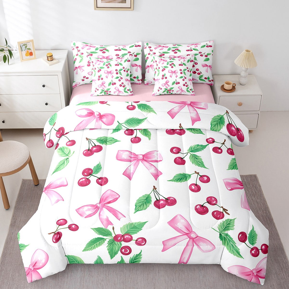 Erosebridal Cherry Print Bed in a Bag King size, Pink Bowknot Bed Set ...
