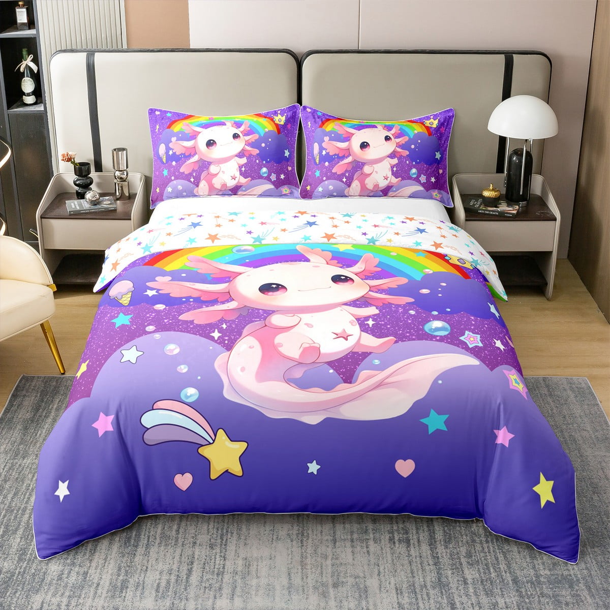 Erosebridal Chic Axolotl 100% Cotton Duvet Cover Full Size,Cartoon Rainbow Bedding Sets Full ...