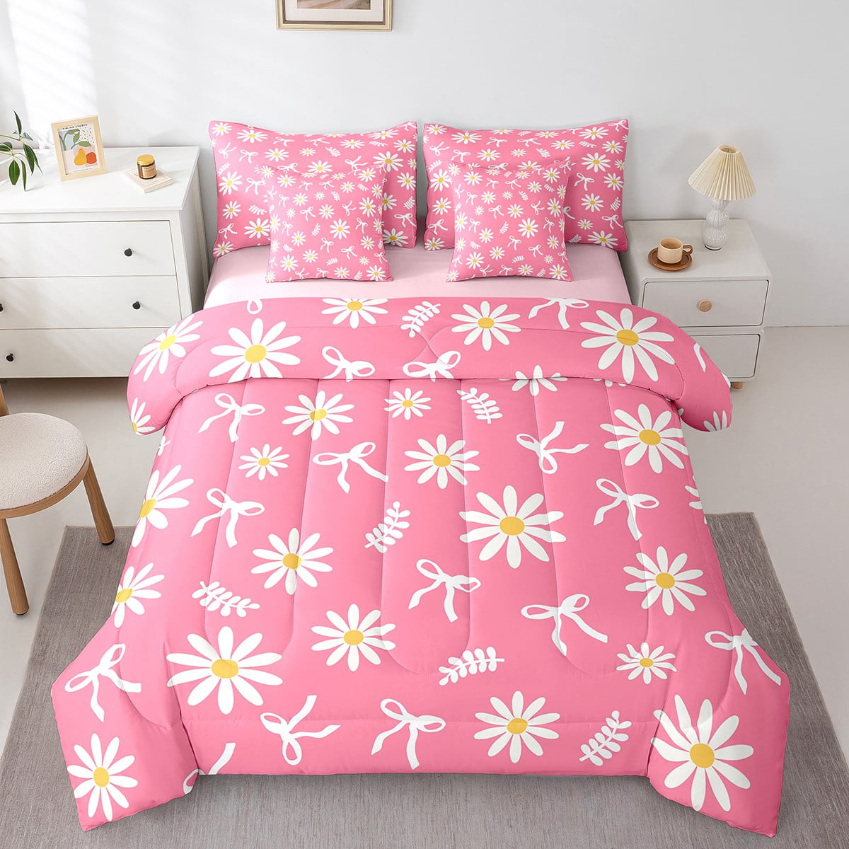 Erosebridal Chic Daisy Bedding Twin Size,White Bowknot Comforter Sets ...