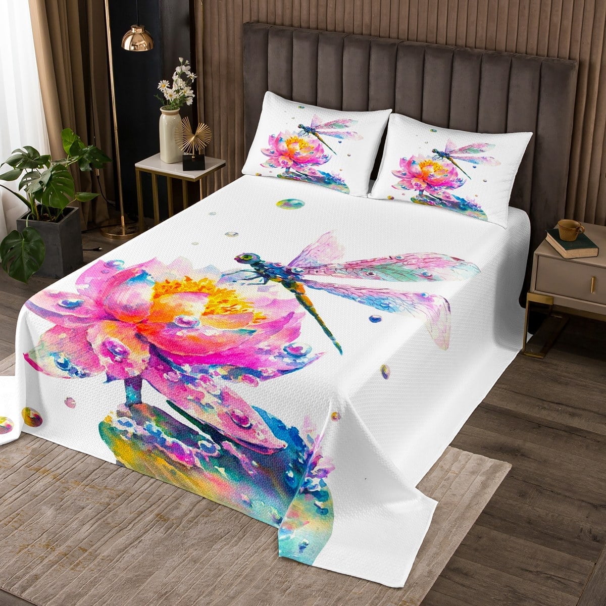 Erosebridal Chic Dragonfly Coverlet King Size Pink Lotus Floral Bedding ...