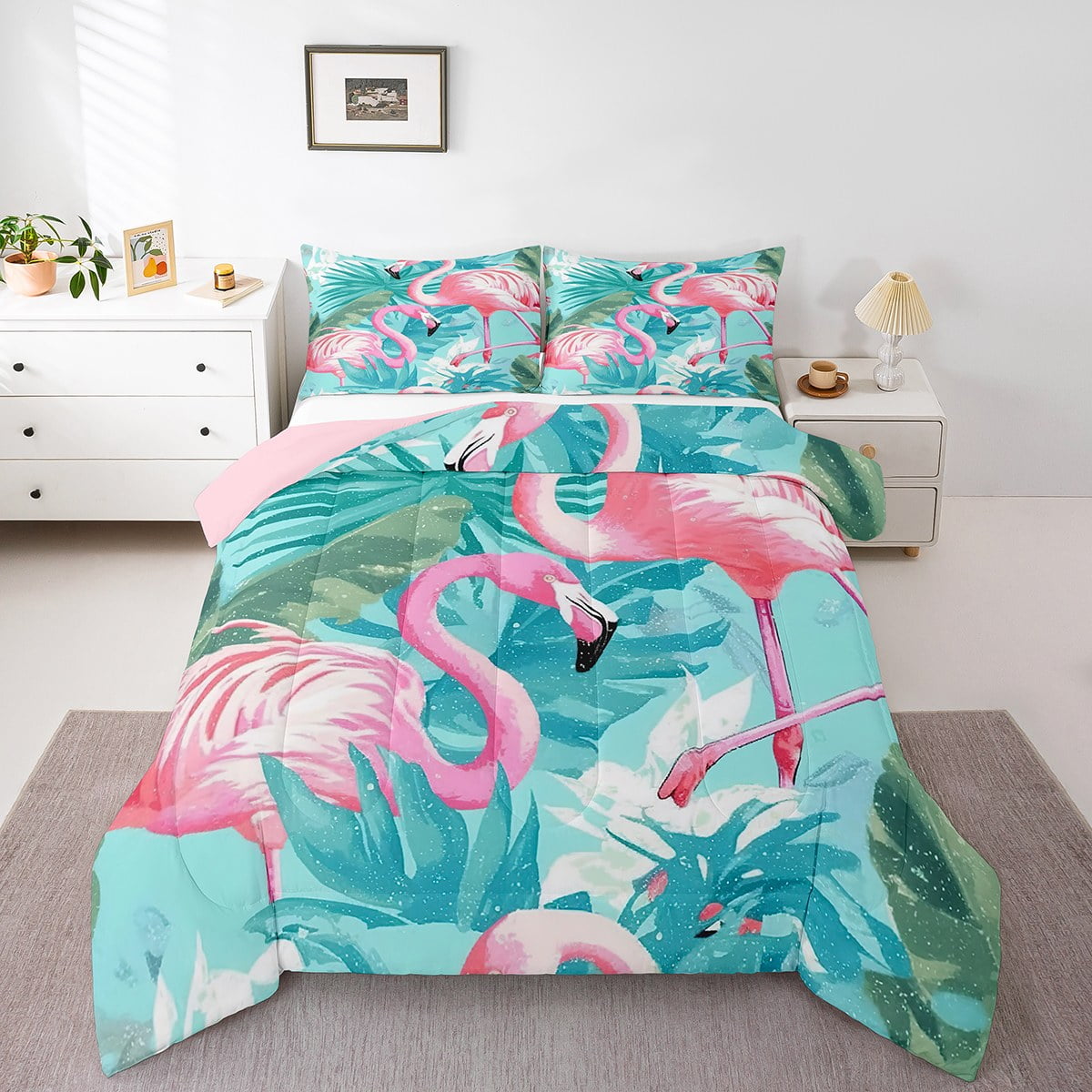 Erosebridal Chic Flamingo Comforter Sets King Size, Tropical Palm Tree ...