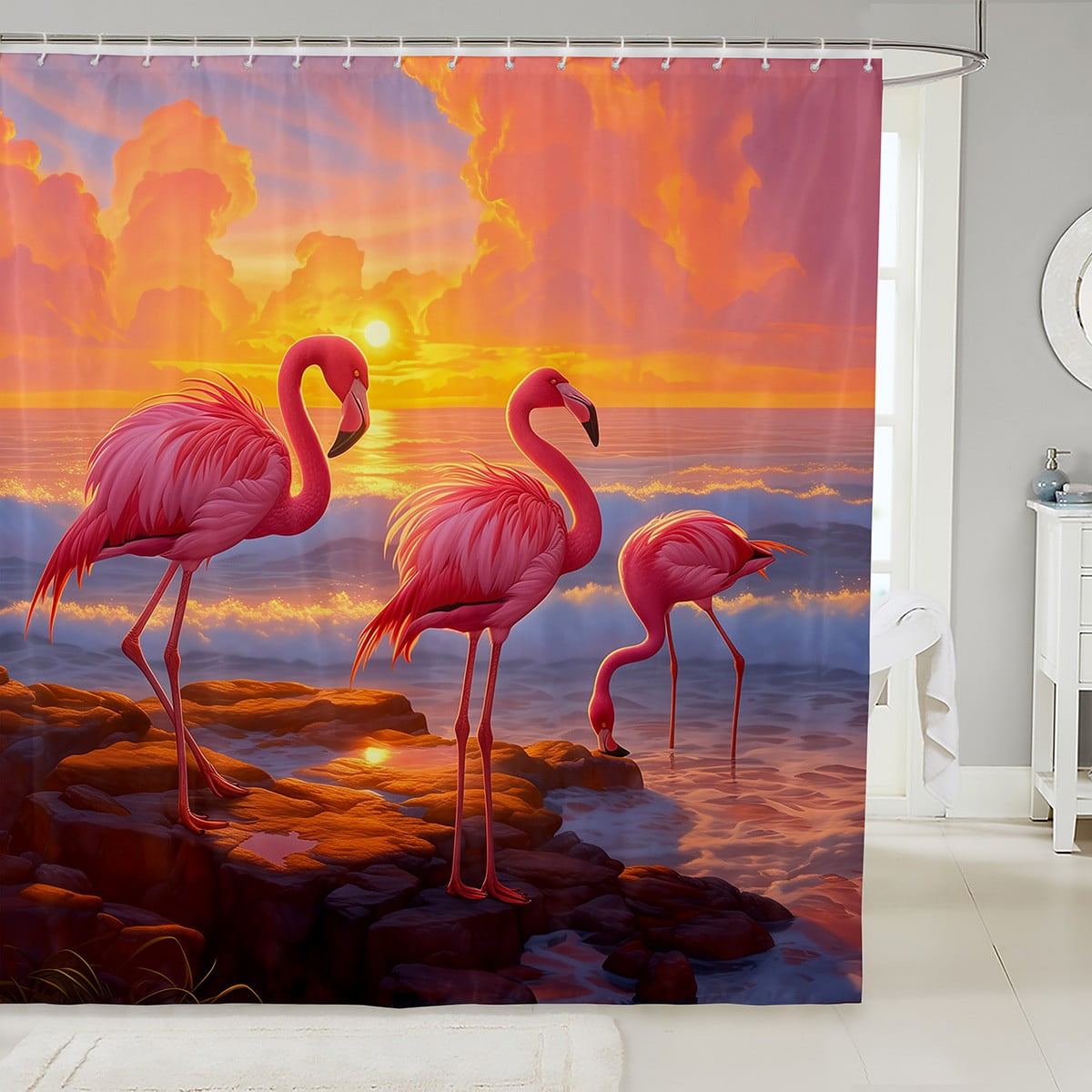 Erosebridal Chic Flamingo Shower Curtain Beach Theme Bathroom Curtain,Coastal Sunset Bath ...