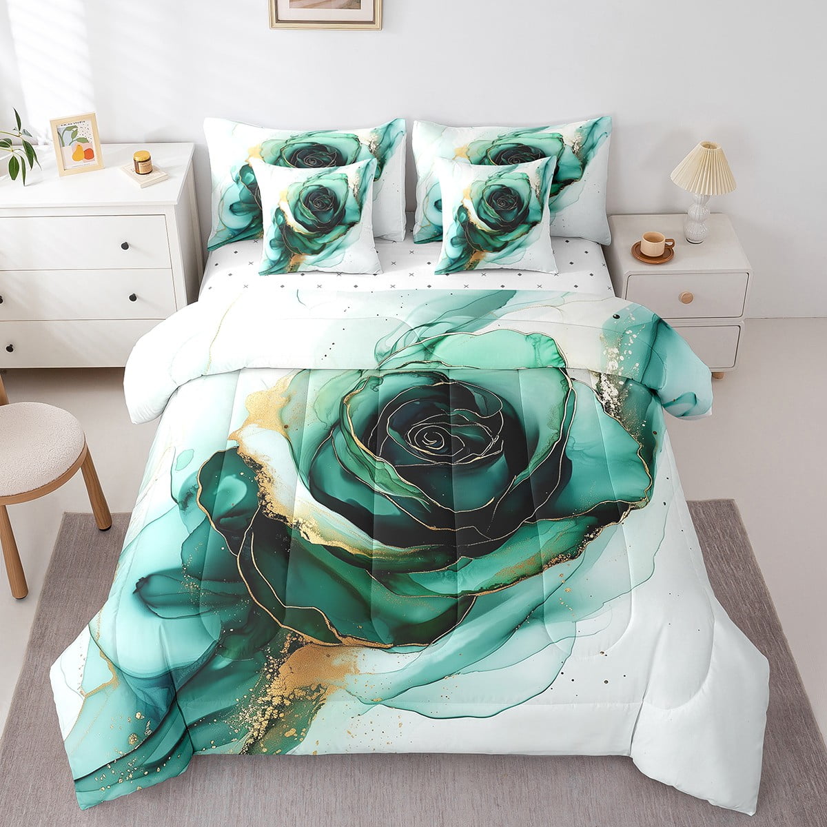 Erosebridal Chic Green Marble Bedding Sets Twin Size, Gold Metallic ...
