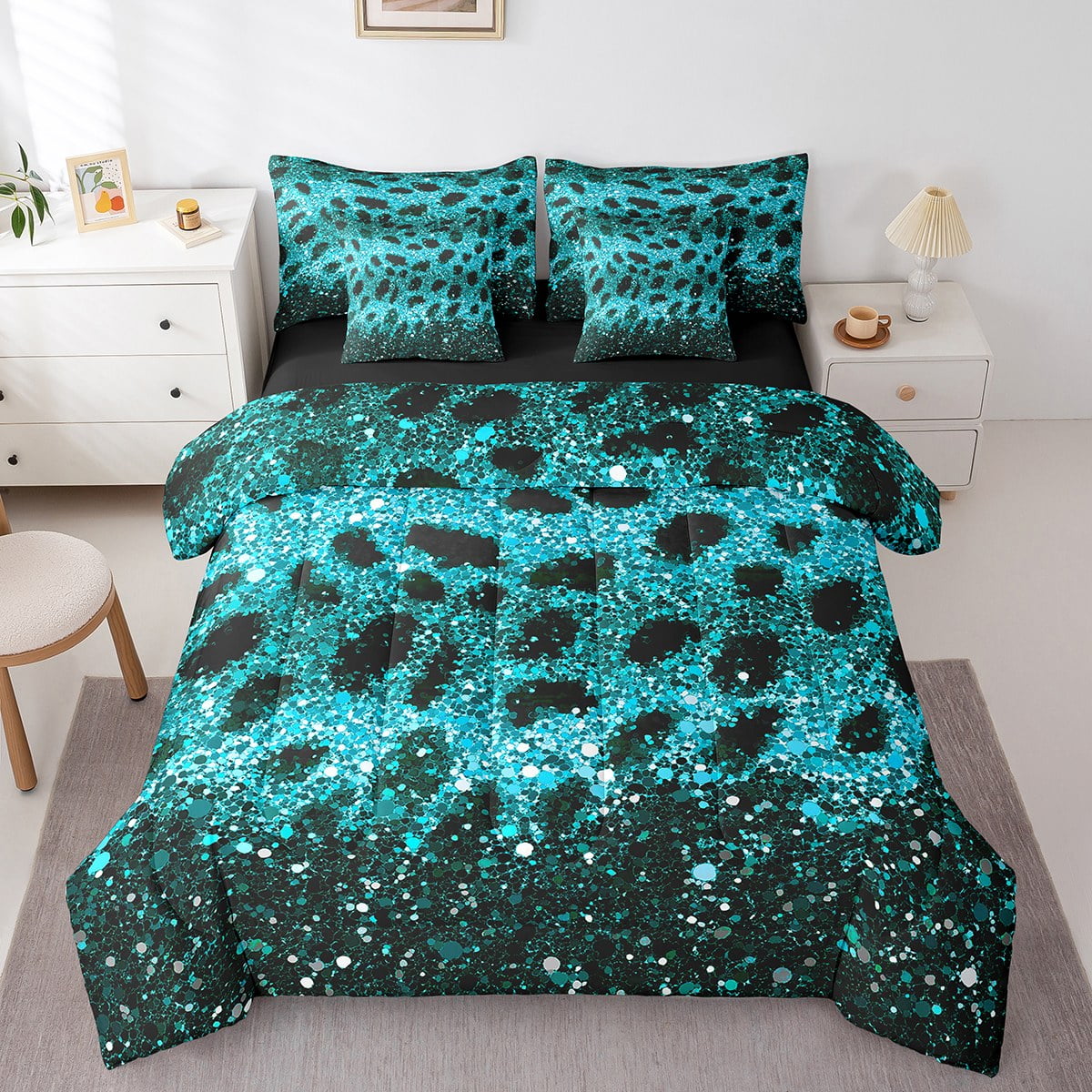 Erosebridal Chic Leopard Print Bedding Queen Size, Blue Sequin Print ...