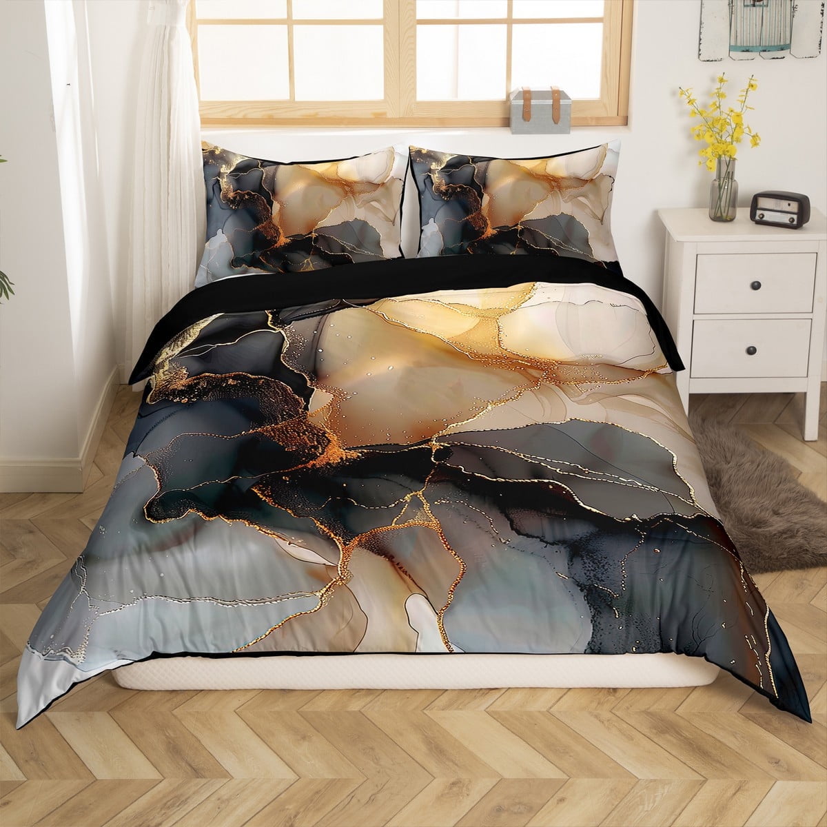 Erosebridal Chic Marble Bedding King Size Black Gold Watercolor Duvet ...