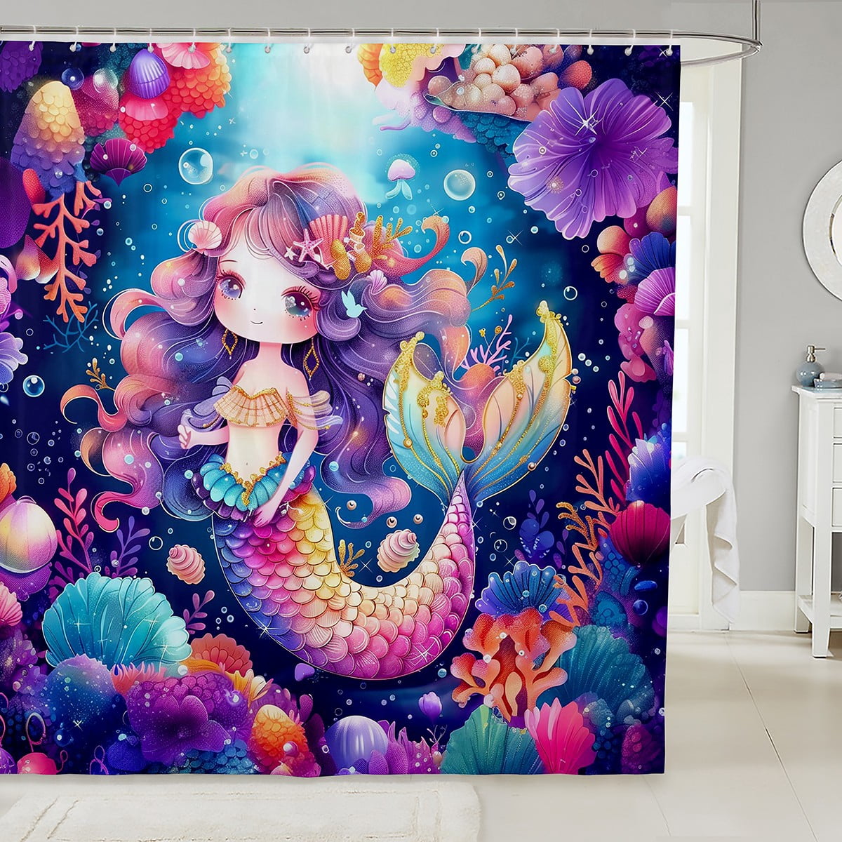 Erosebridal Chic Mermaid Bathroom Curtain 72x84,Undersea Coral Seaweed ...