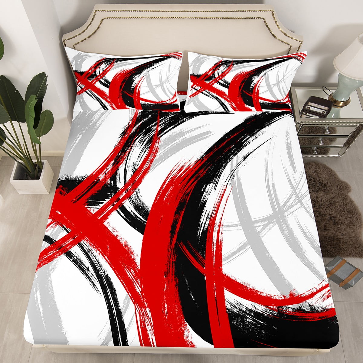 Erosebridal Chic Minimalst Fitted Sheet Queen, Red Geometric Bedding ...