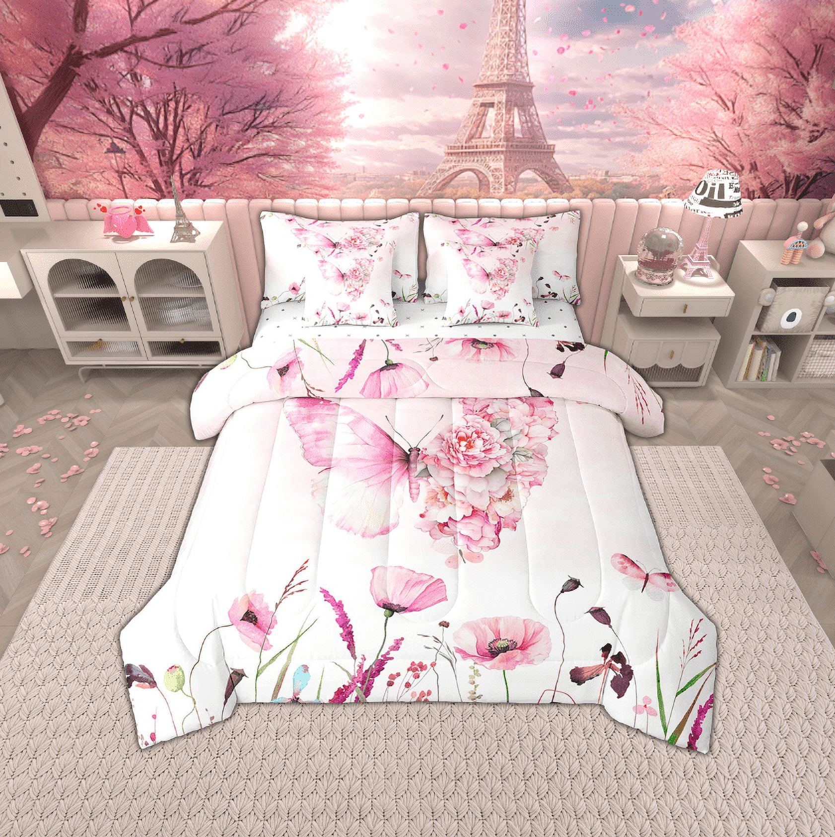 Erosebridal Chic Pink Butterfly Bedding Queen Size, Aesthetic Floral ...