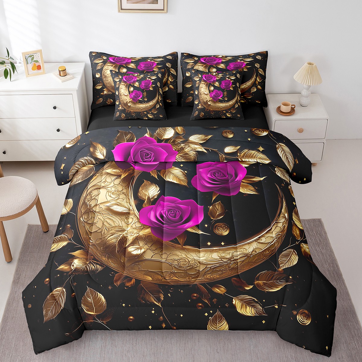 Erosebridal Chic Pink Rose Bedding Sets Full Size, Gold Moon Leaves ...