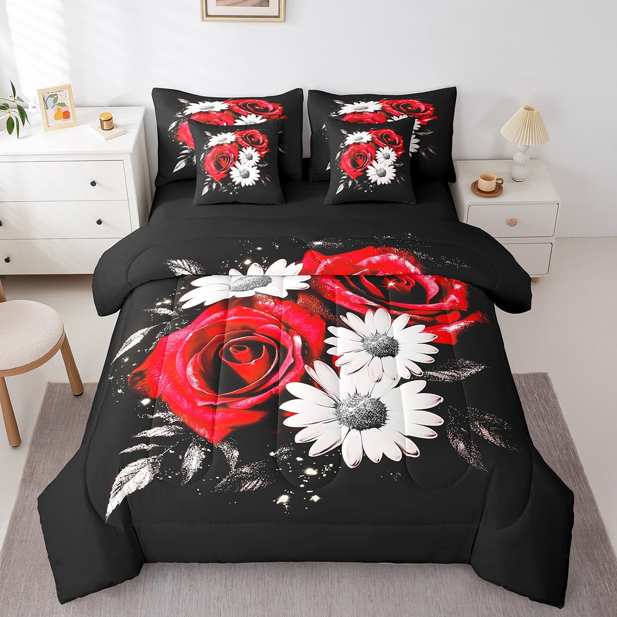 Erosebridal Chic Red Rose Floral Bedding Full Size, Girly Daisy Flower ...