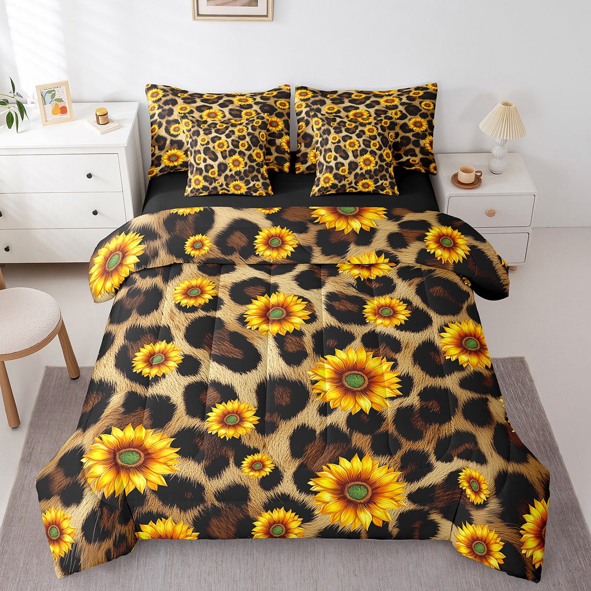 Erosebridal Chic Sunflower Bedding Sets Twin Size, Brown Cheetah Print ...