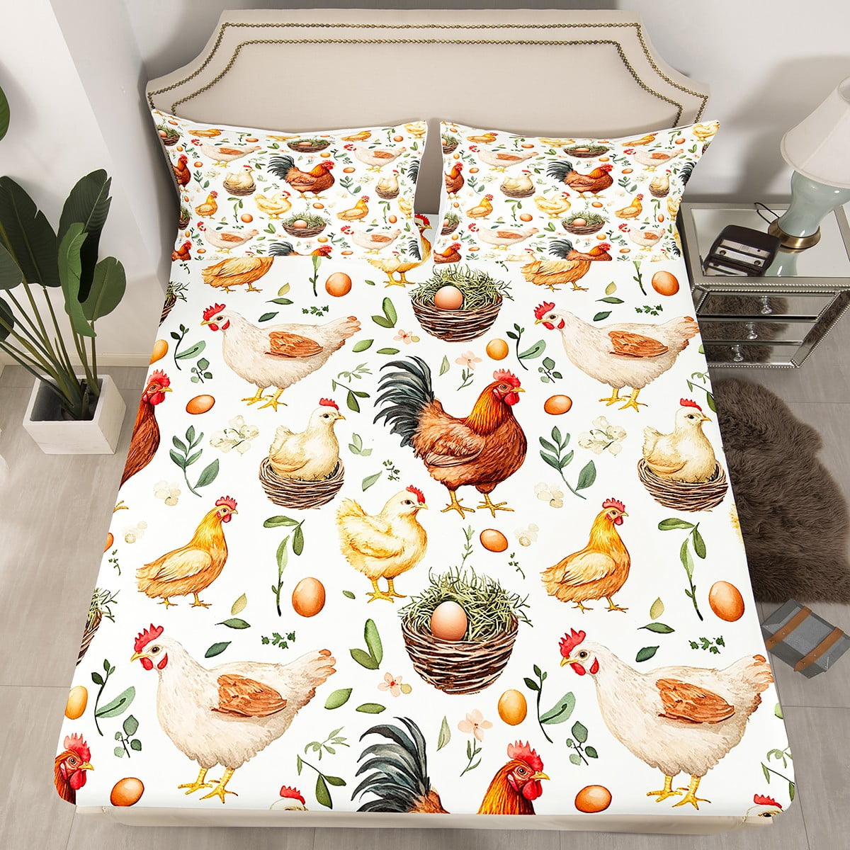 Erosebridal Chicken Eggs Fitted Sheet Set Queen, Botanical Plant Leaves ...