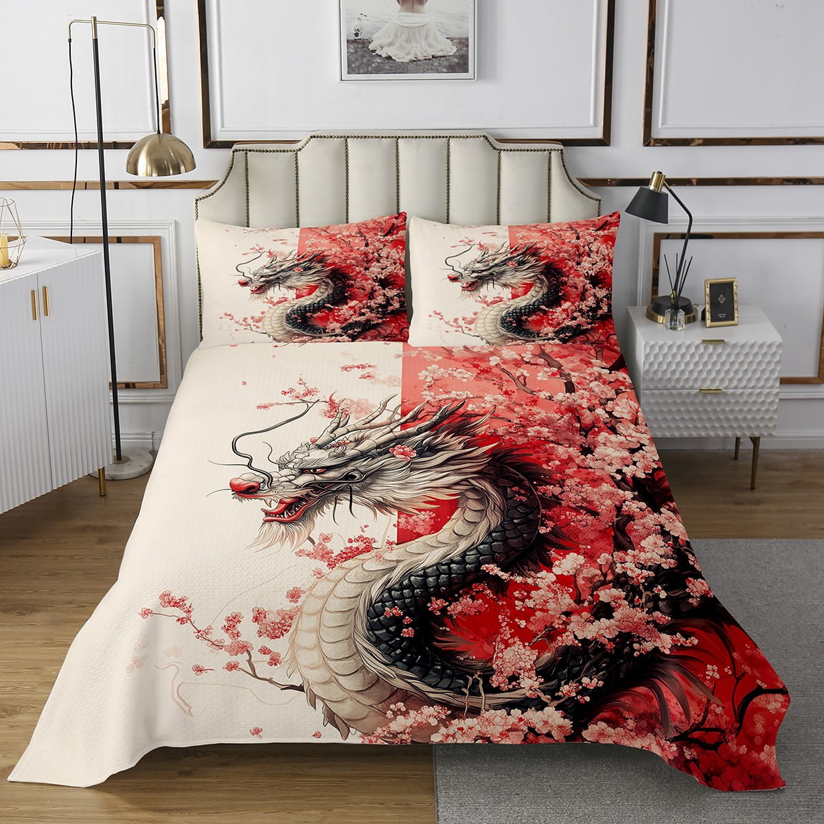 Erosebridal Chinese Dragon Quilt Sets for Queen Size Bed, Cherry ...