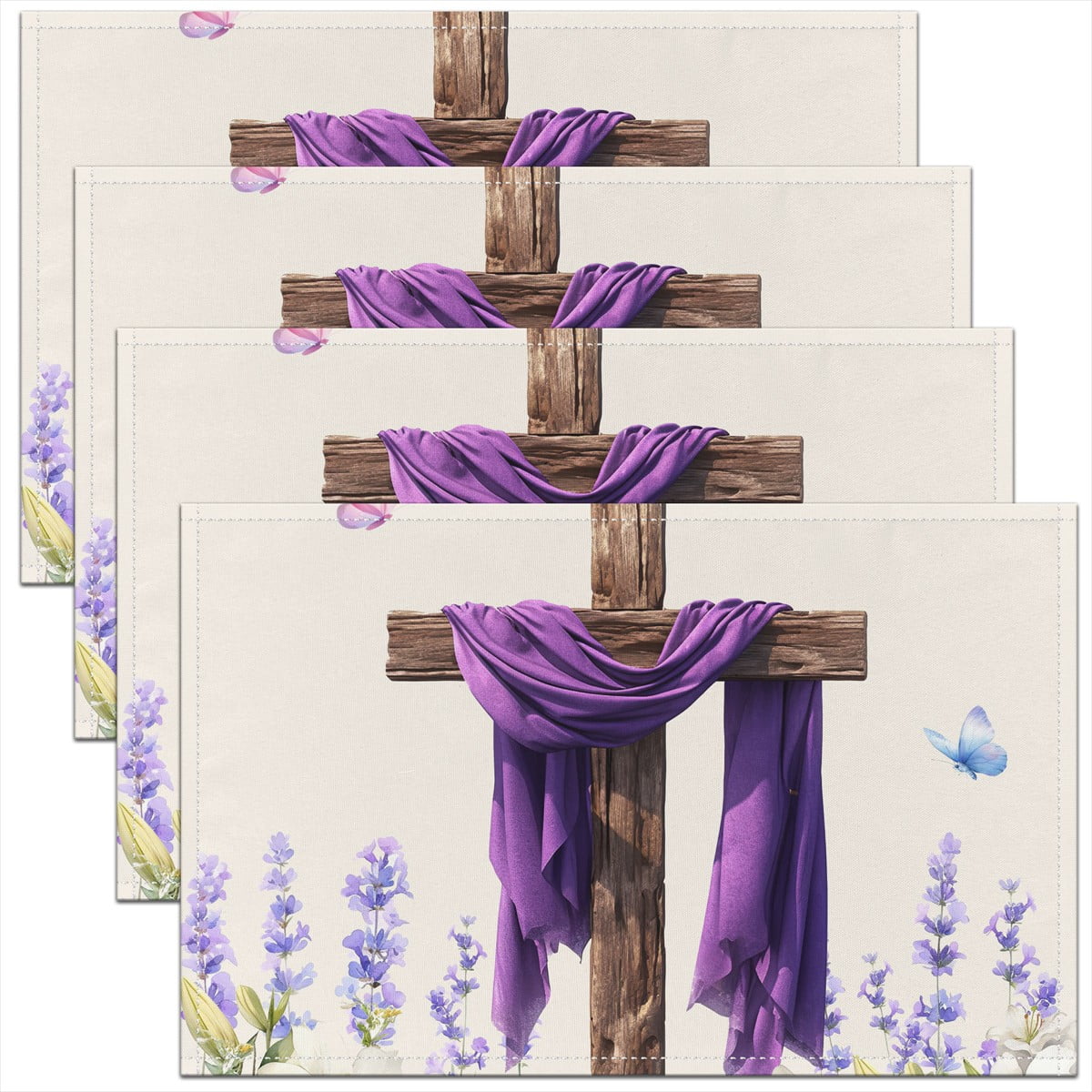 Erosebridal Christian Cross Print Placemats Set of 4, Purple Flowers ...