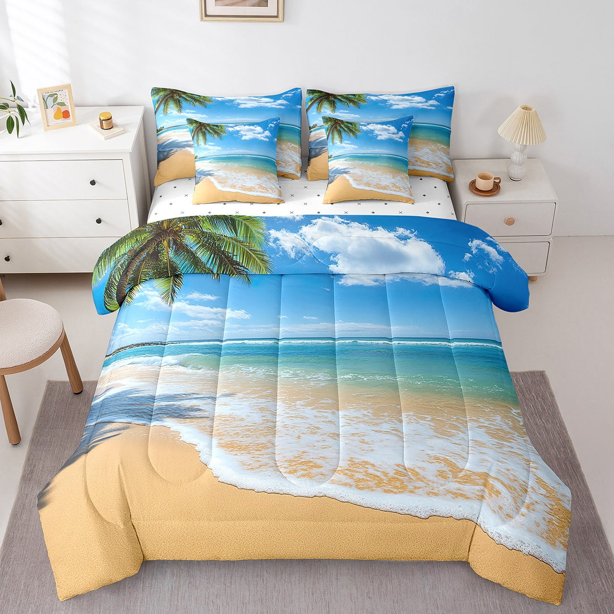 Erosebridal Coastal Beach Bedding Queen Size,Tropical Plants Bed in a ...