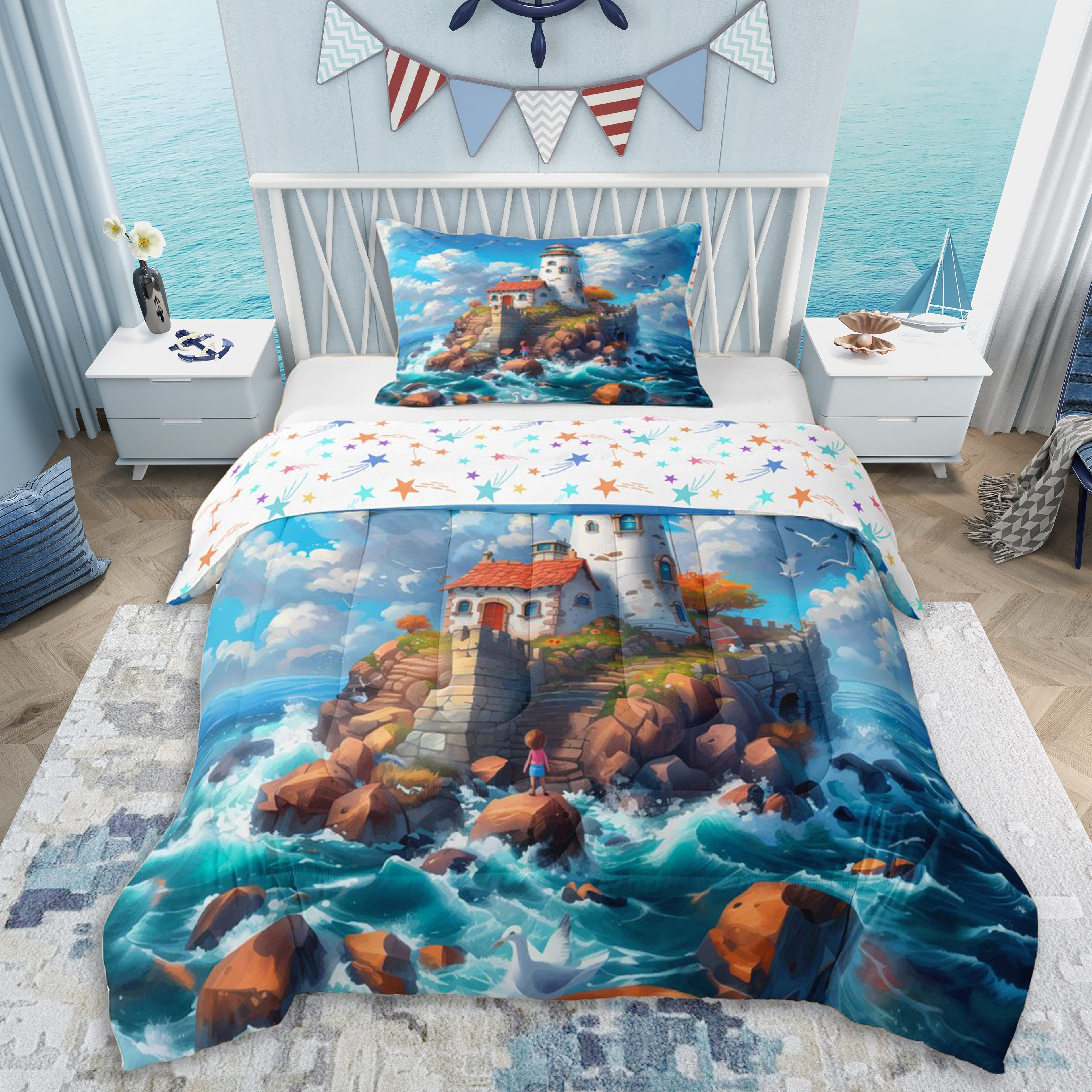 Erosebridal Coastal Lighthouse Cottage Twin Comforter Sets 3-Piece For ...