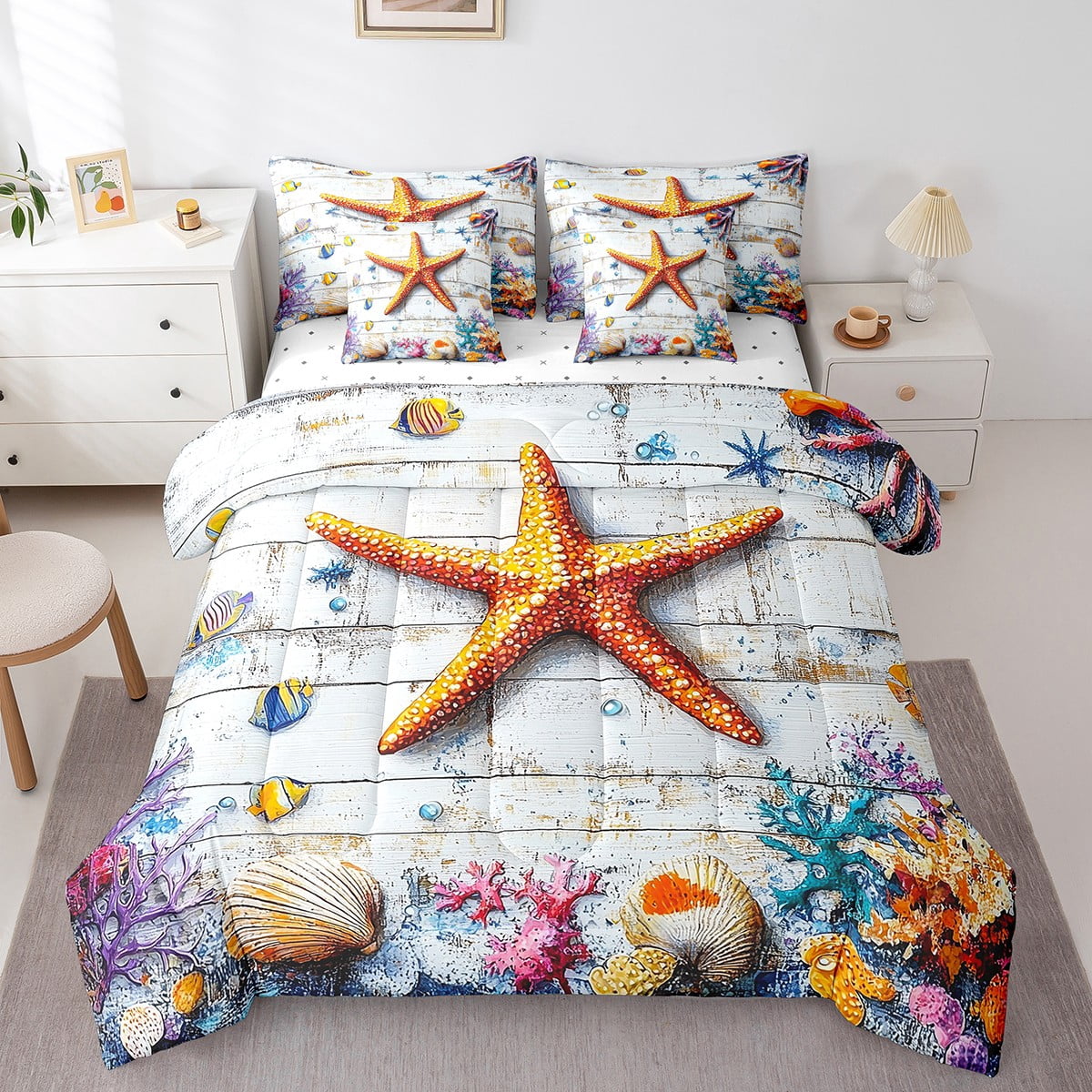 Erosebridal Coastal Starfish Bedding Queen Size, Tropical Beach Bedding ...