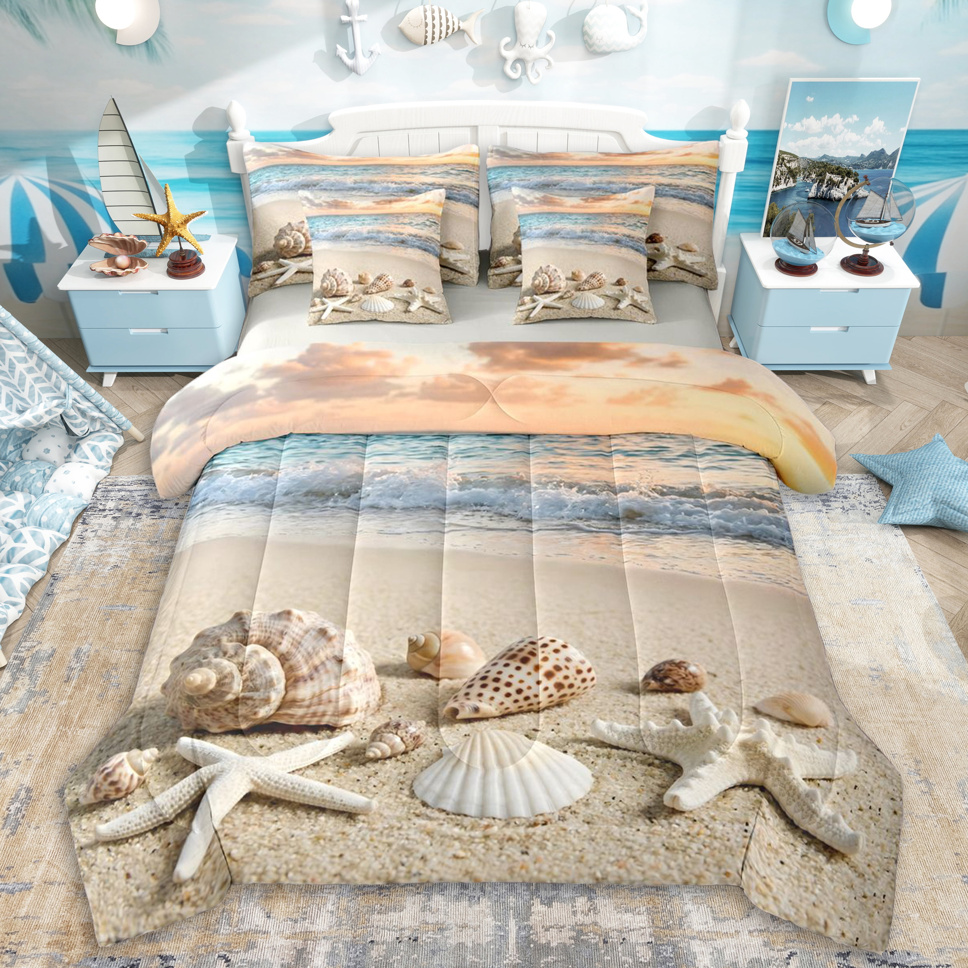 Erosebridal Coastal Starfish Shell Bedding Comforter Set 7 Pieces For ...