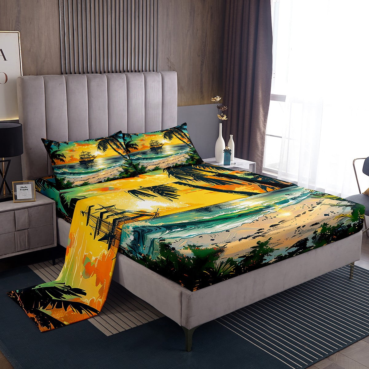 Erosebridal Coconut Tree Bed Sheets Set Hawaii Ocean Beach Botanical Top Sheet Sailboat Sunset ...