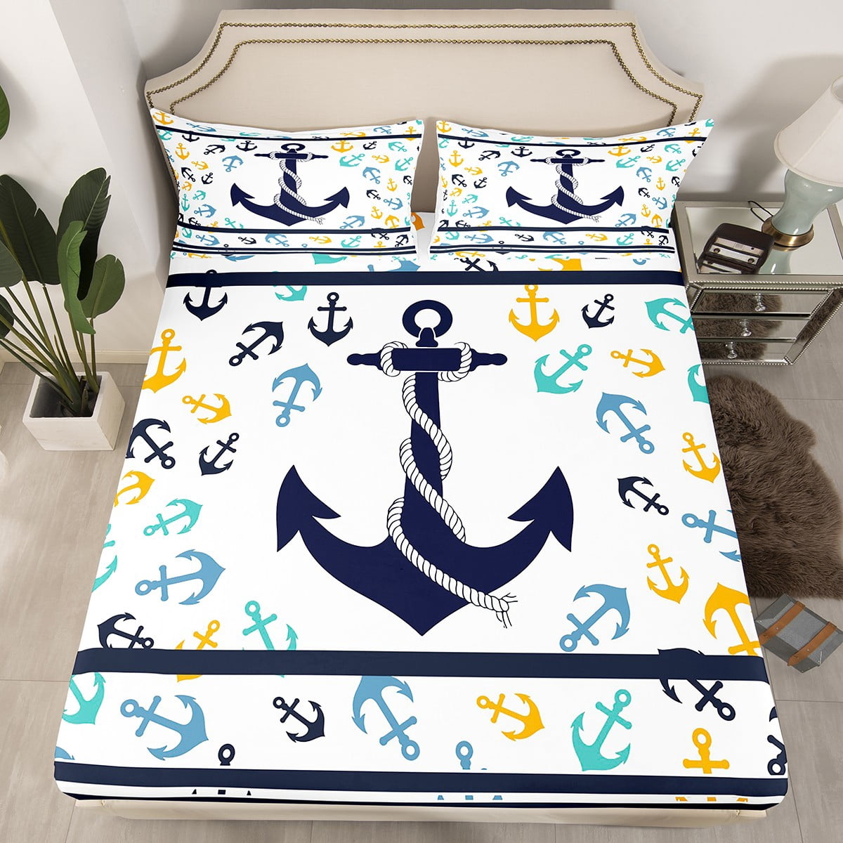 Erosebridal Colorful Anchor Print Fitted Sheet Full, Nautical Bedding ...