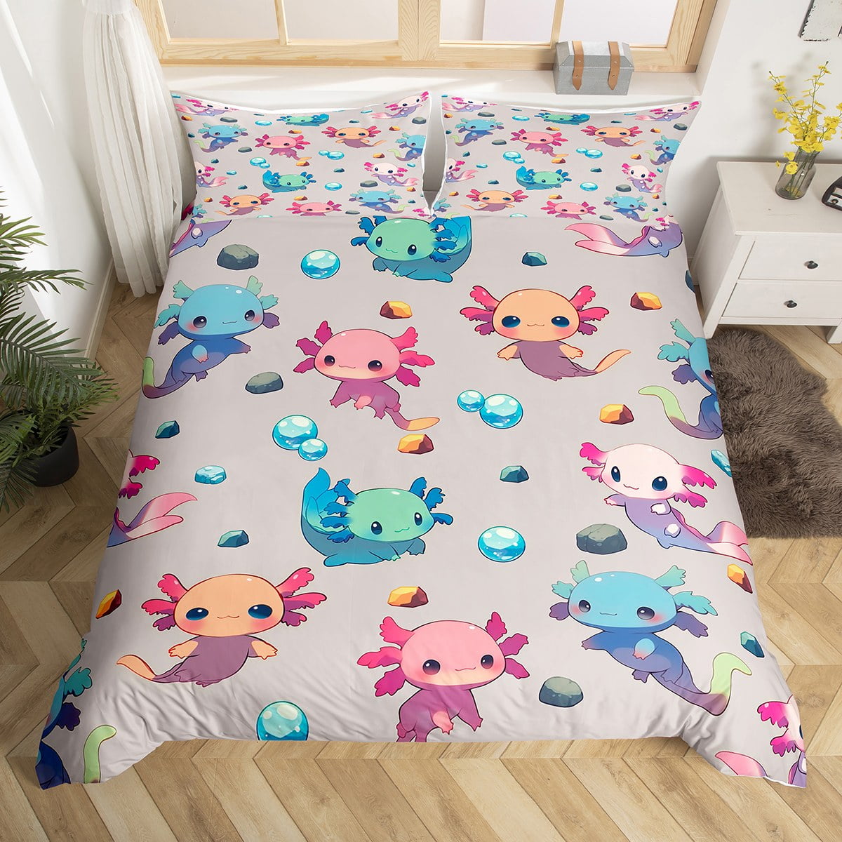 Erosebridal Colorful Axolotl Comforter Cover Twin for Kids,Kawaii Animals Bedding Twin Size ...