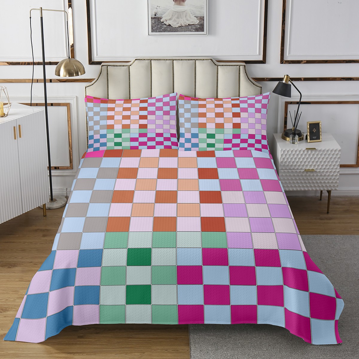 Erosebridal Colorful Buffalo Plaid Bedspread Set King Geometric Grid ...