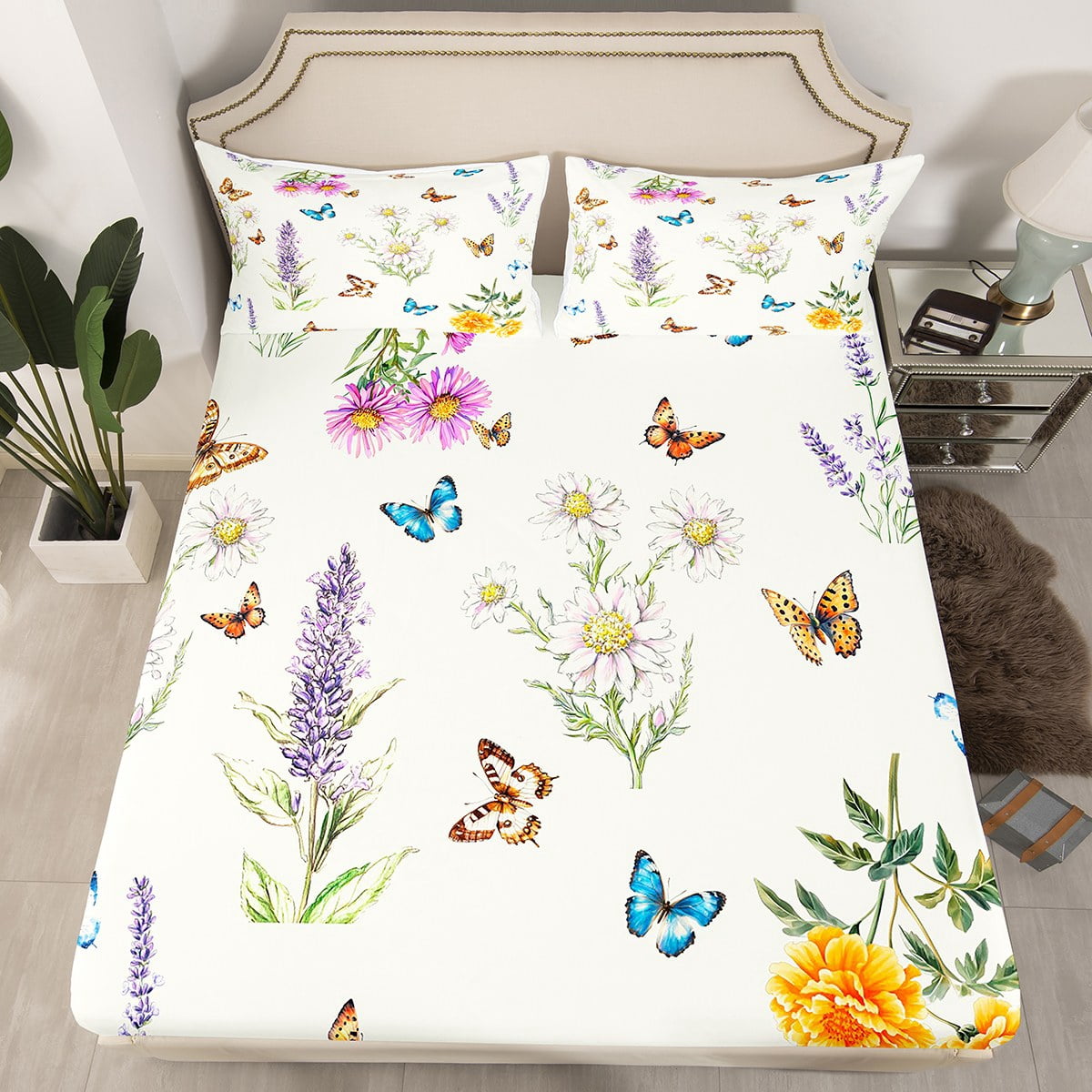Erosebridal Colorful Butterfly Fitted Sheet Set Full , Botanical Plants ...