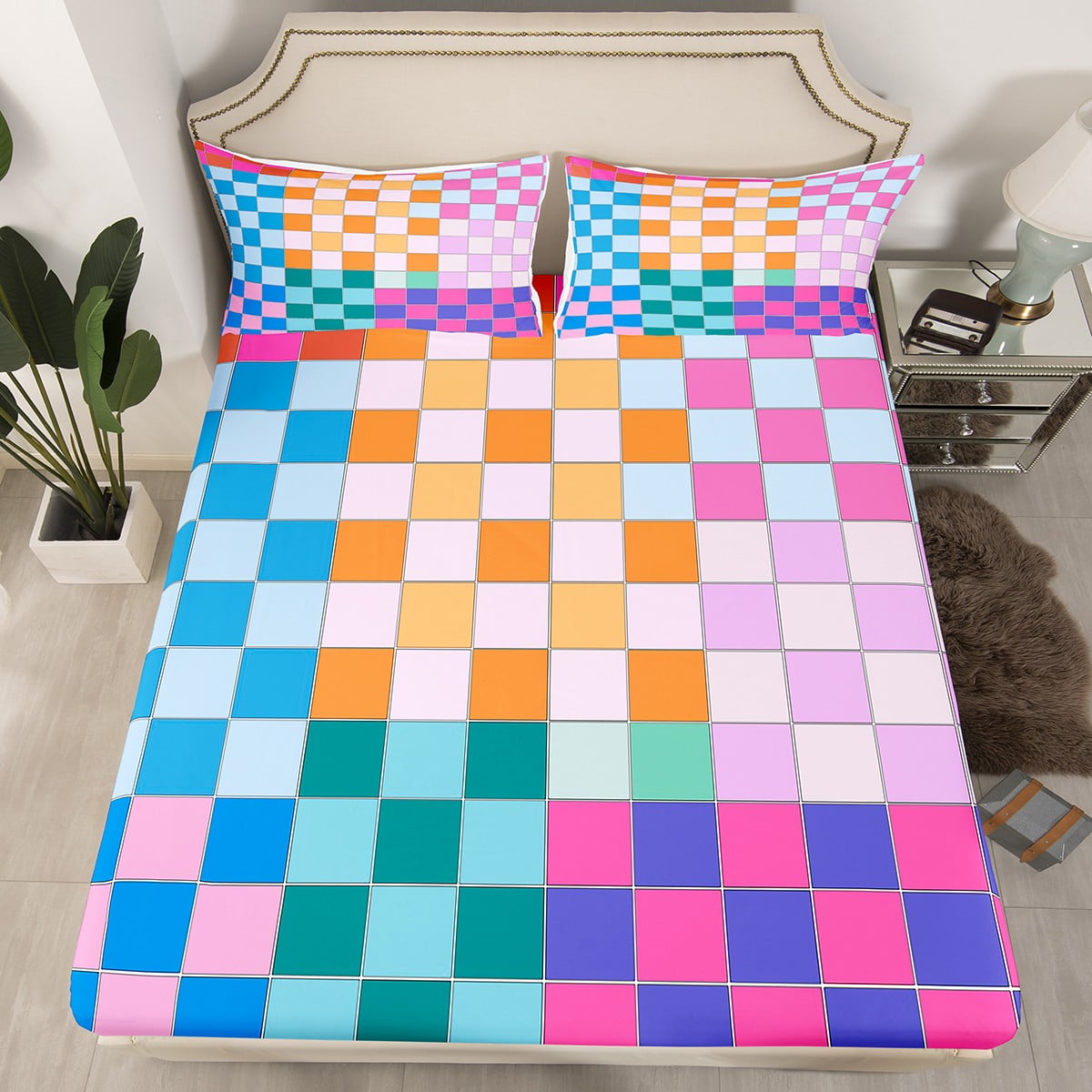 Erosebridal Colorful Checkered Fitted Sheet Twin Rainbow Checkerboard ...