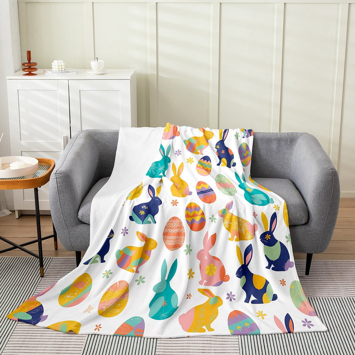 Erosebridal Colorful Easter Eggs Throw Blanket for Couch, Cute Rabbit ...
