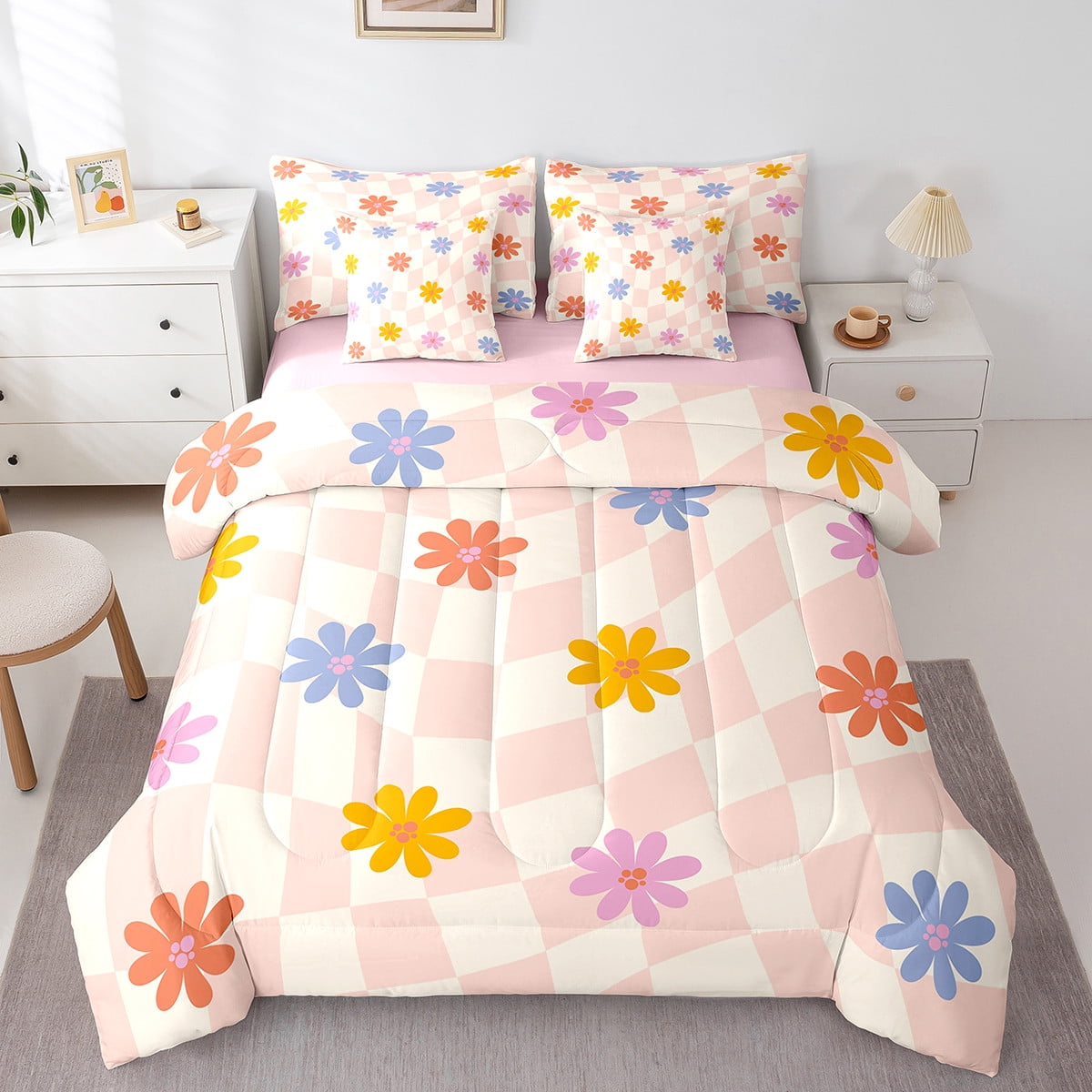 Erosebridal Colorful Floral Bed in a Bag Full size, Cute Vintage Daisy Bed Set, Square Geometric ...