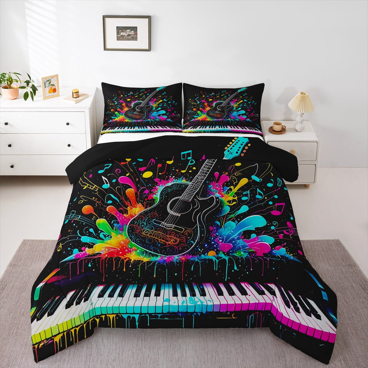 Erosebridal Colorful Guitar Piano Bedding Sets Twin with Comforter,Graffiti Hippie Style Duvet ...