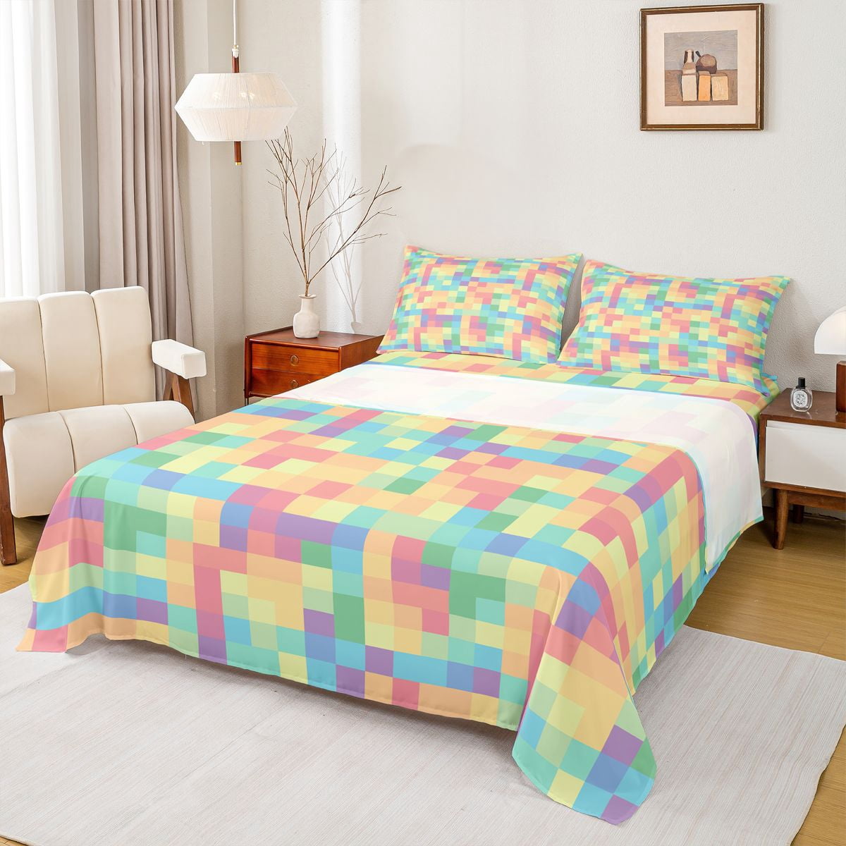 Erosebridal Colorful Plaid Grid Full Size Sheets for Girls, Pixelated ...