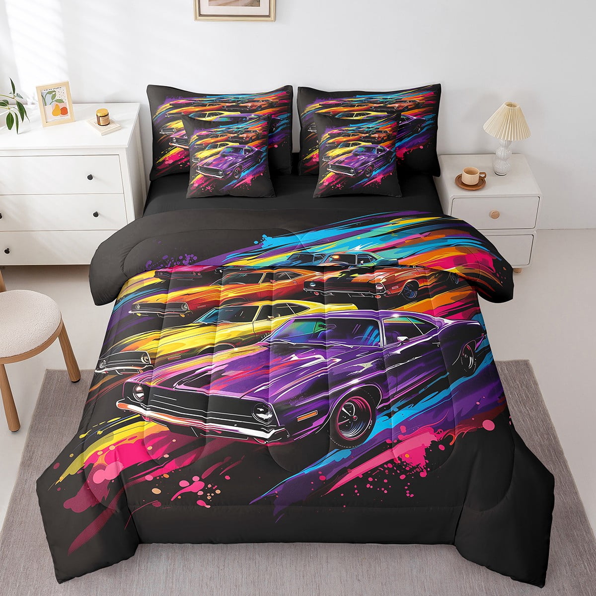 Erosebridal Colorful Racing Car Bed in a Bag Twin Size,Graffiti Hippie ...
