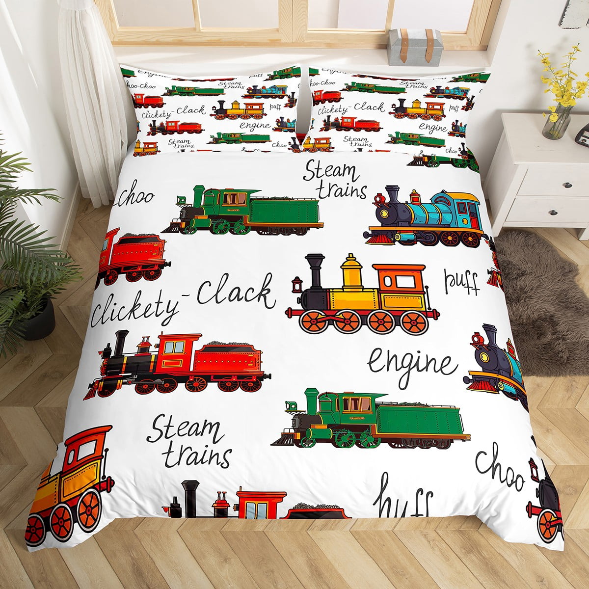 Erosebridal Colorful Train Duvet Cover King, Cartoon Steam Engine ...