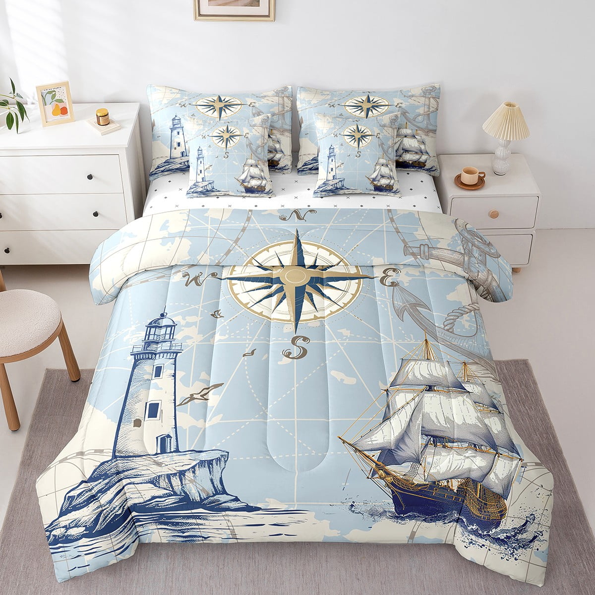 Erosebridal Compass Lighthouse Bed In A Bag King Size,Nautical Boat ...