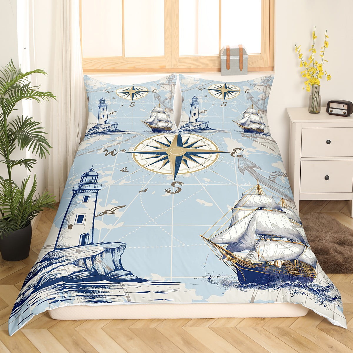 Erosebridal Compass Lighthouse Duvet Cover King,Nautical Boat Comforter ...