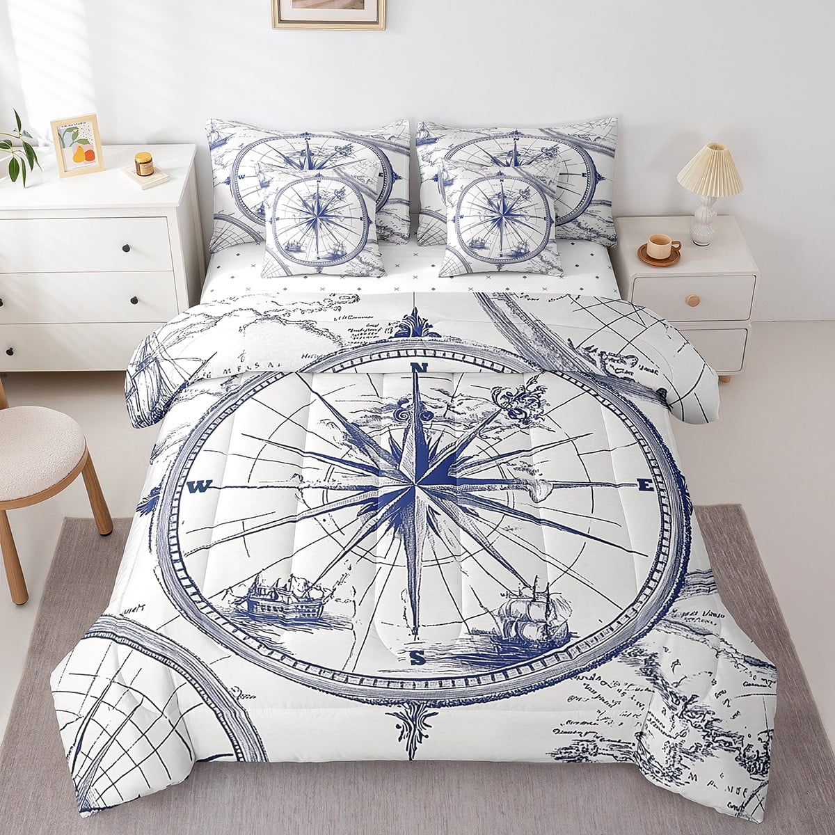 Erosebridal Compass Print Comforter Set Full 7 Pcs Ocean Nautical ...