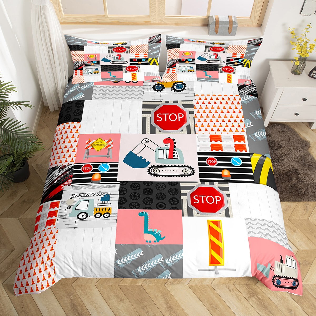Erosebridal Construction Plaid Comforter Cover Cute Dinosaur Bed Set ...
