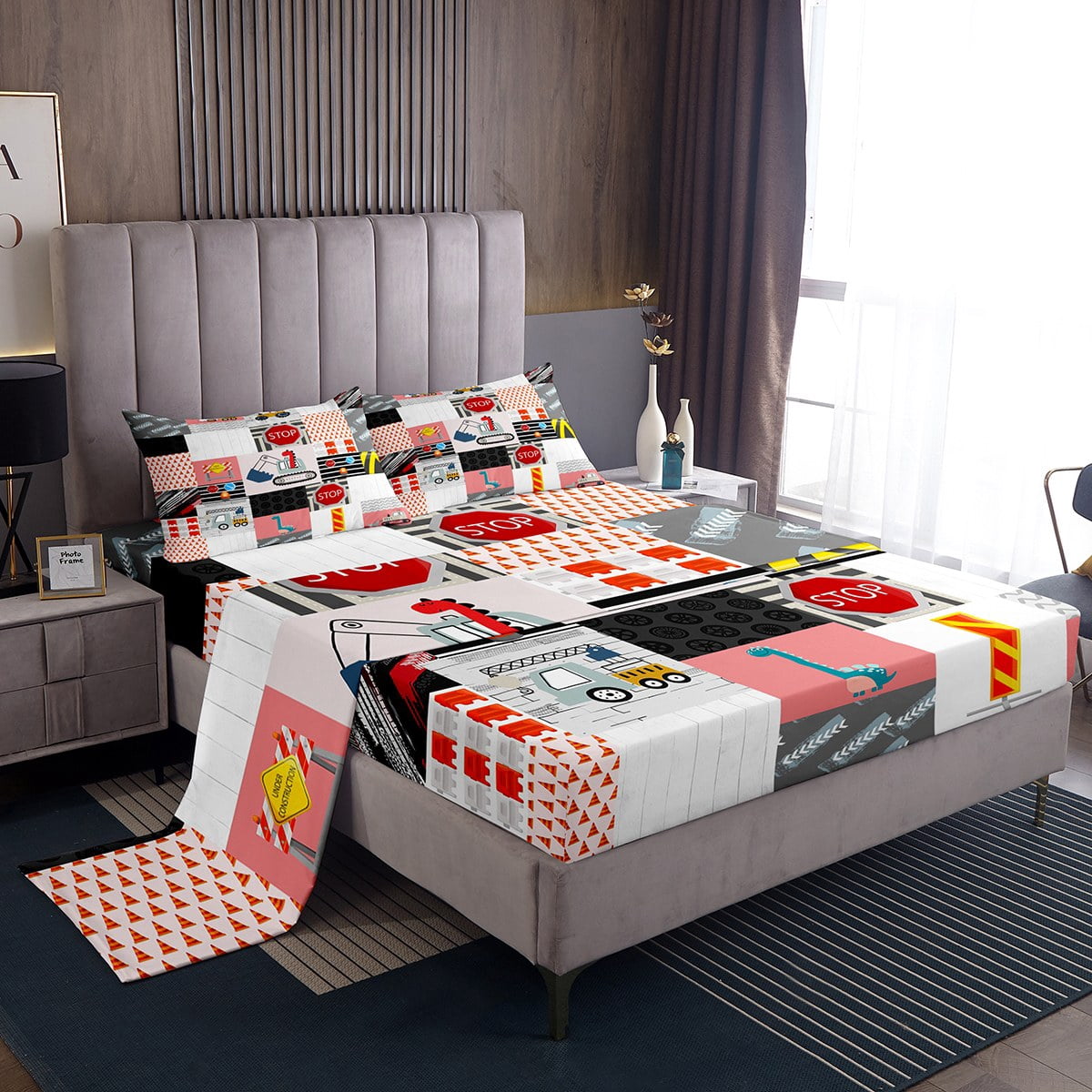 Erosebridal Construction Plaid Twin Sheet Set Cute Dinosaur Sheets ...