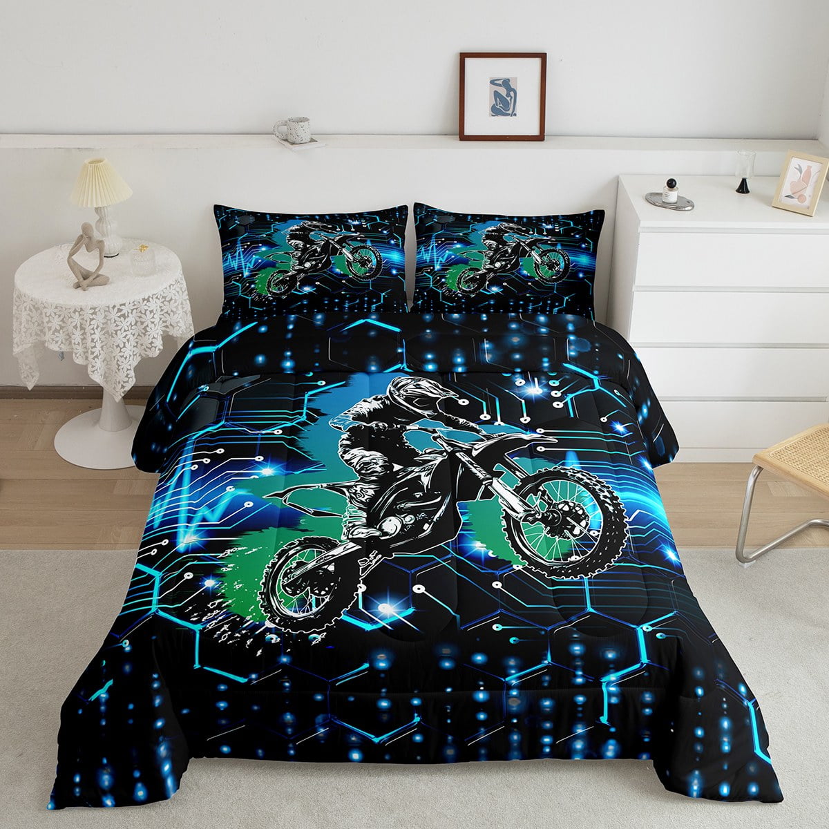 Erosebridal Cool Motorcycle Bedding King Comforter Set, Neon Geometric ...