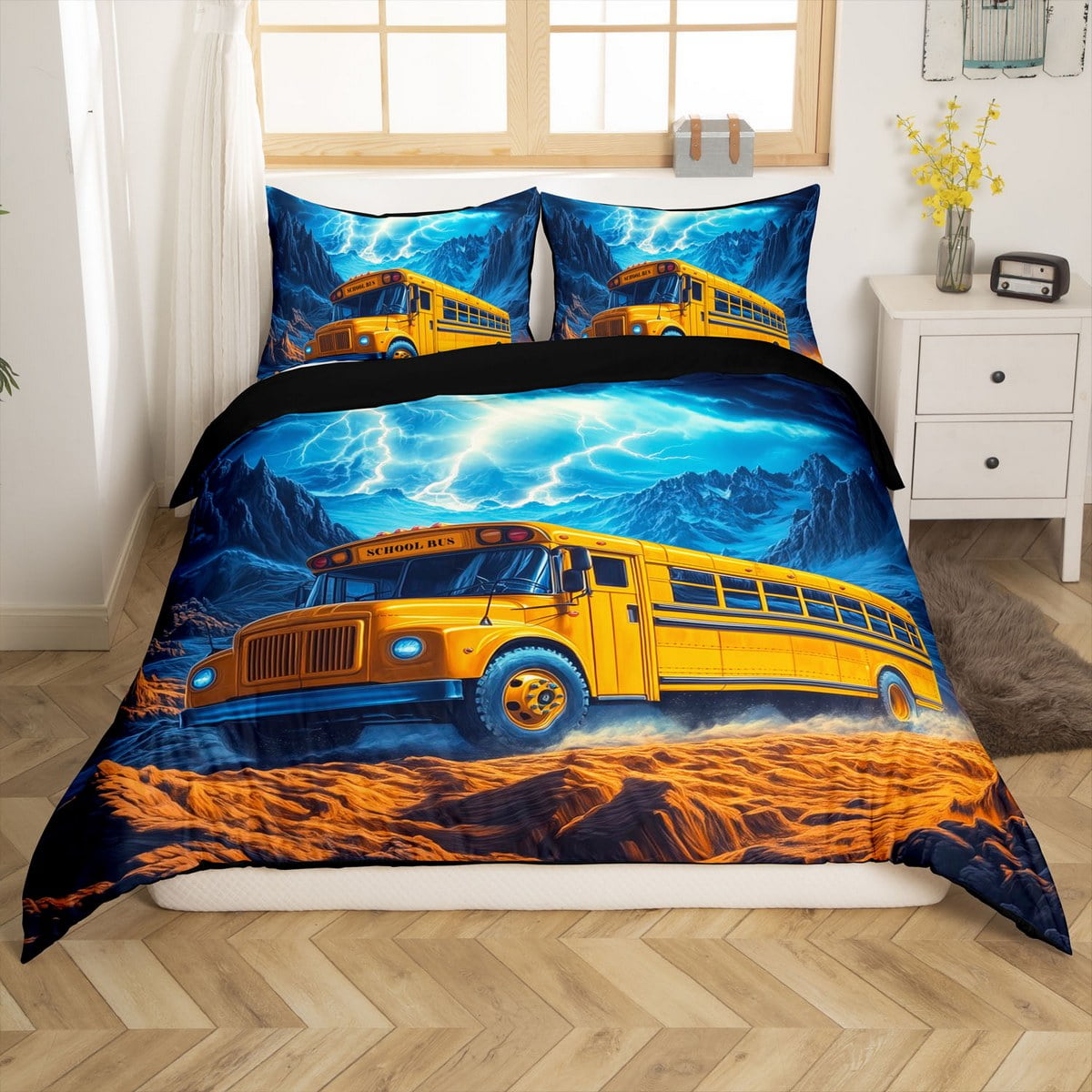 Erosebridal Cool School Bus Comforter Cover Twin, Nature Lightning ...