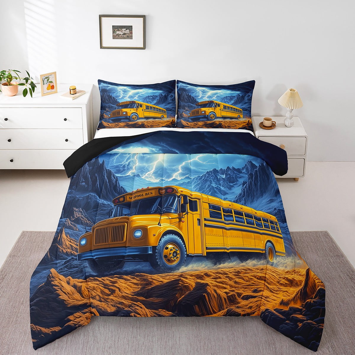 Erosebridal Cool School Bus Comforter Sets Queen Size, Nature Lightning ...