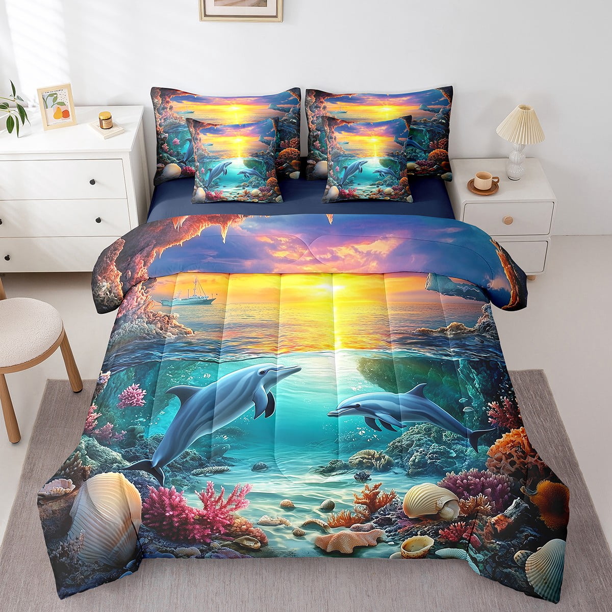 Erosebridal Couple Dolphin Bedding Queen Size, Romantic Sunset Bed in a ...