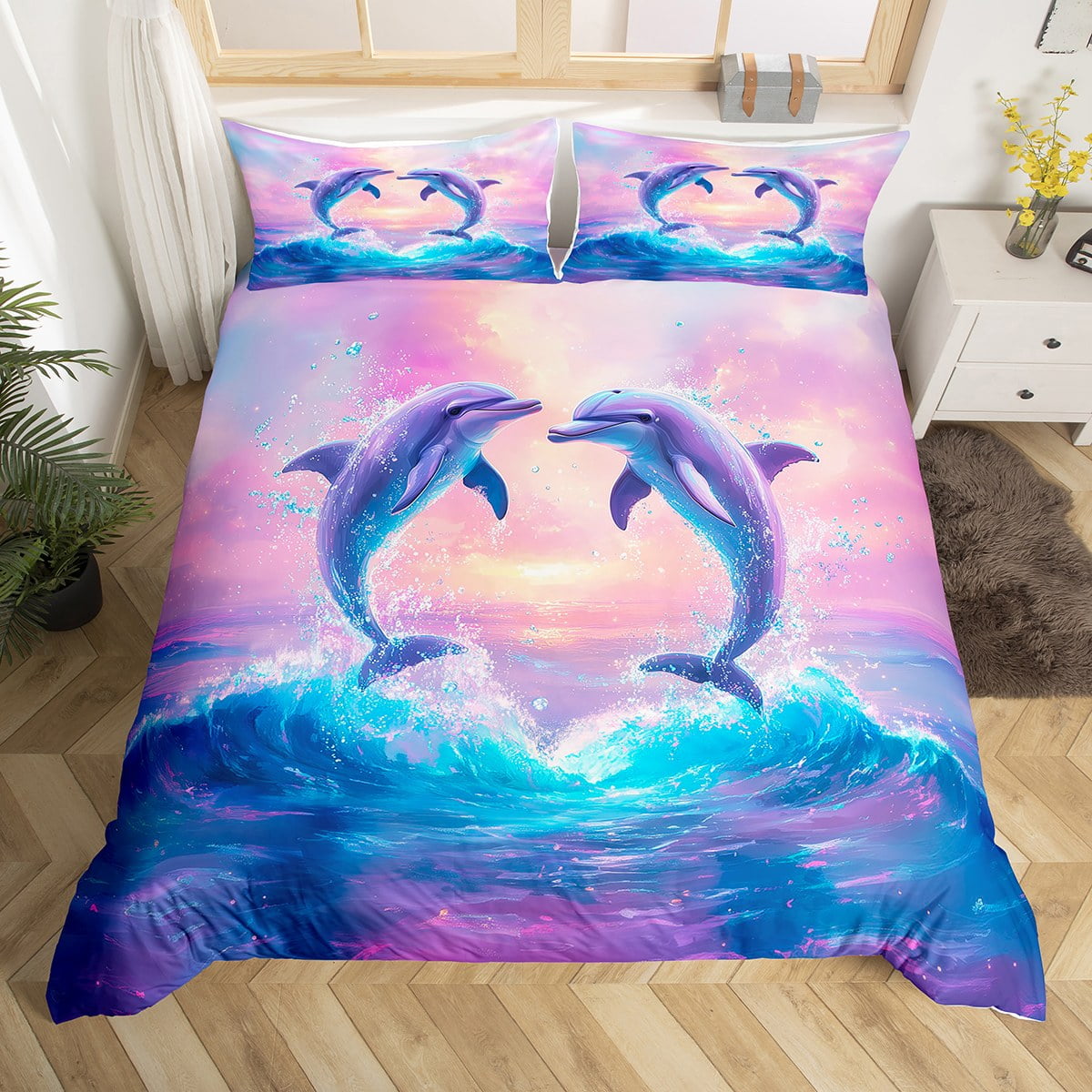 Erosebridal Couple Dolphin Duvet Cover Twin, Blue Pink Bedding Sets Twin Size, Romantic Marine ...