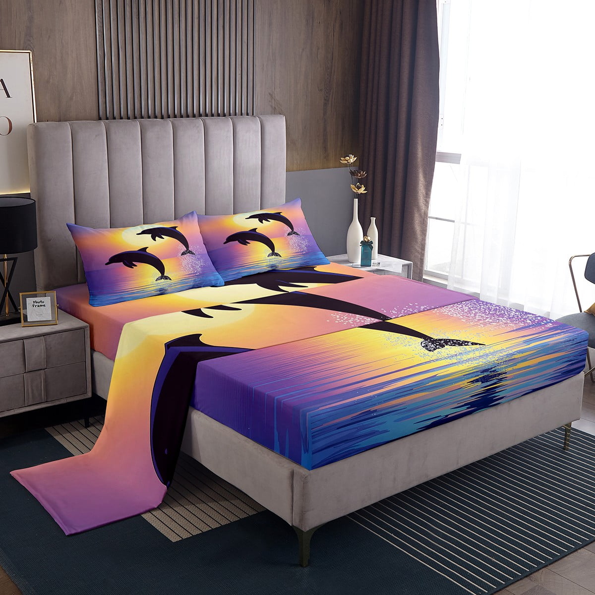 Erosebridal Couple Dolphin Sheet Set Full, Romantic Sunset Full Sheet Sets, Ocean Animal Bedding ...