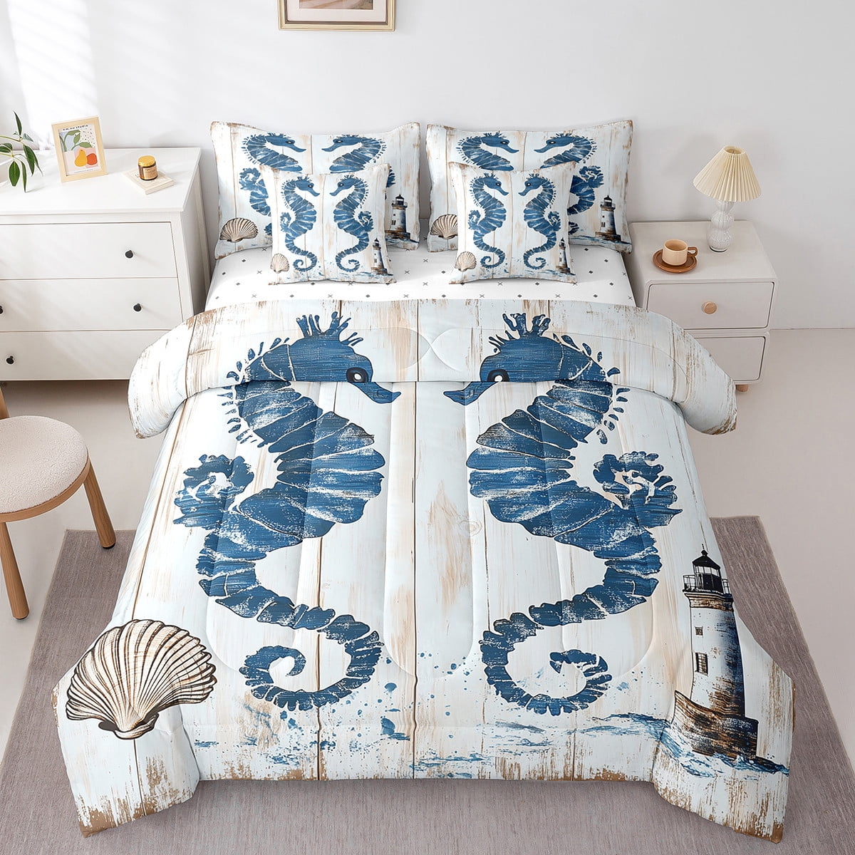 Erosebridal Couple Seahorse Bedding Sets Queen Size, Shell Lighthouse ...