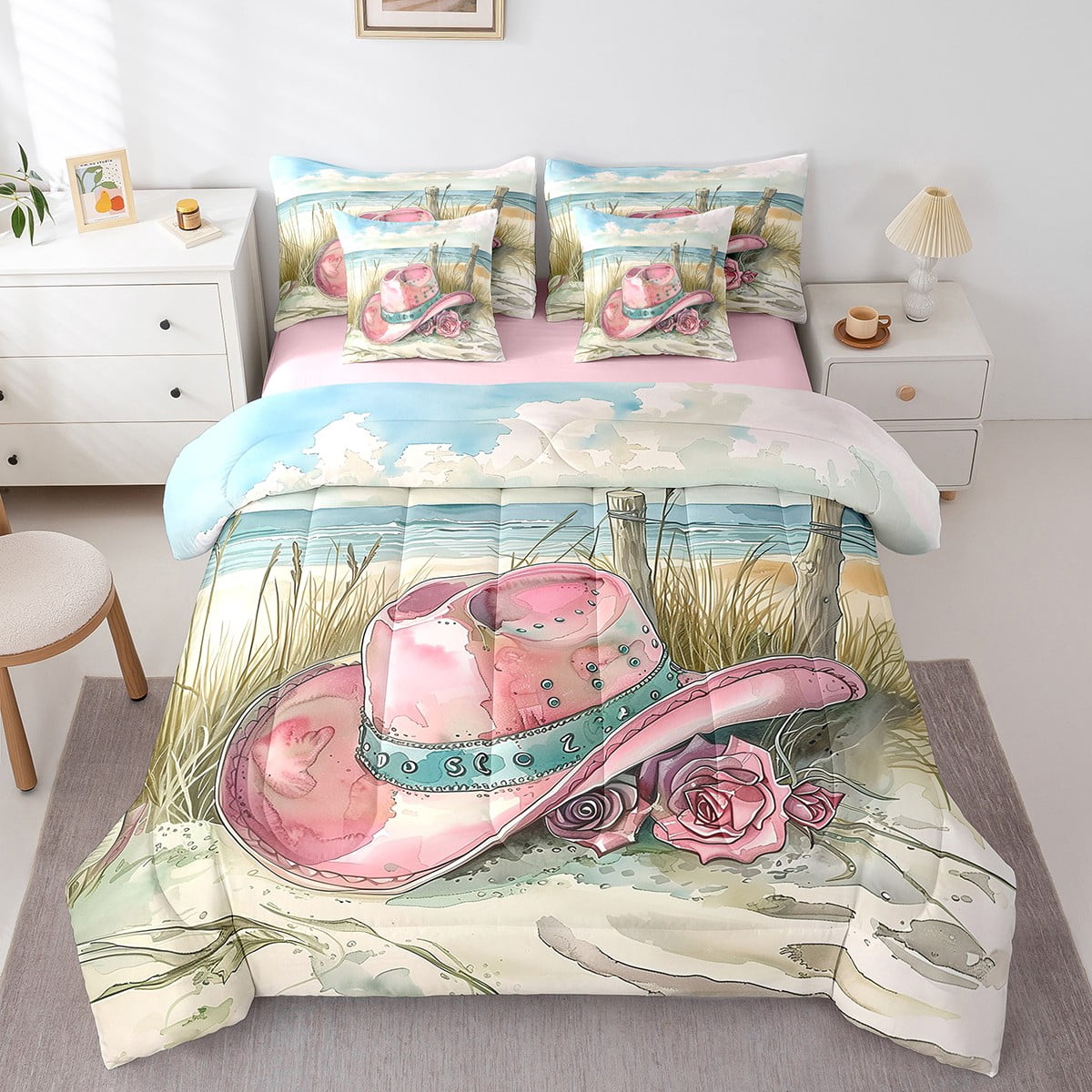 Erosebridal Cowgirl Hat Bed in a Bag King Size,Sea Beach Bed Set,Pink ...