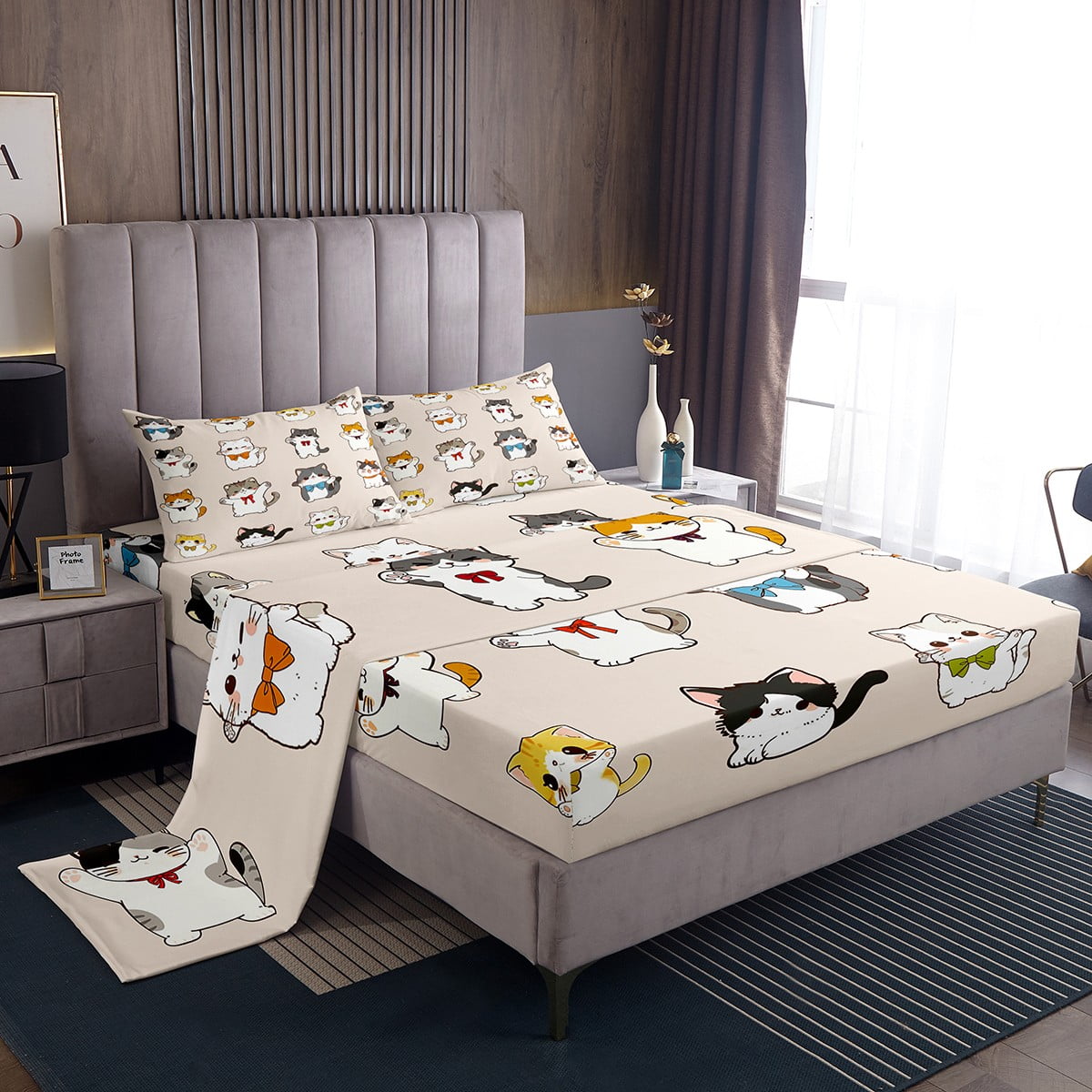 Erosebridal Cuet Cat Bed Sheets Set Queen Size, Cartoon Kitten Bed ...