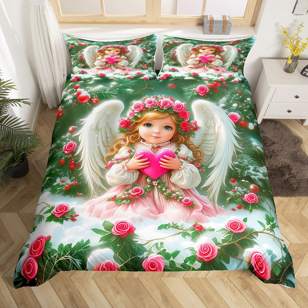 Erosebridal Cute Angel Full Duvet Cover Romance Roses Valentine'S Day ...