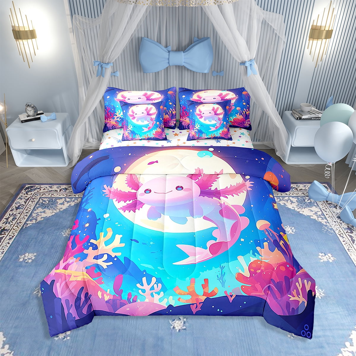 Erosebridal Cute Axolotl 7 Piece Bedding Set Queen Size Purple Mermaid ...